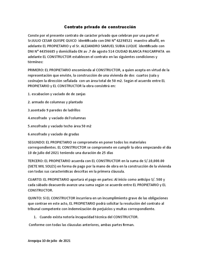 Contrato Privado de Construcción Samuel 2 | PDF
