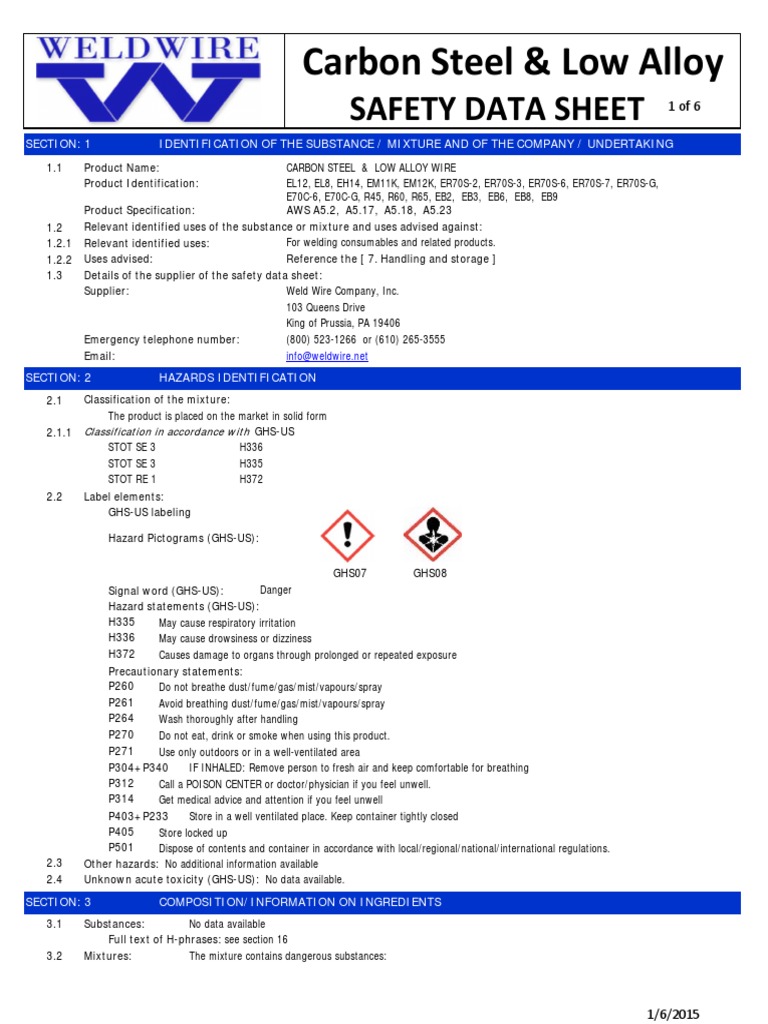 Carbon Steel Low Alloy Wire SDS | Download Free PDF | Construction ...