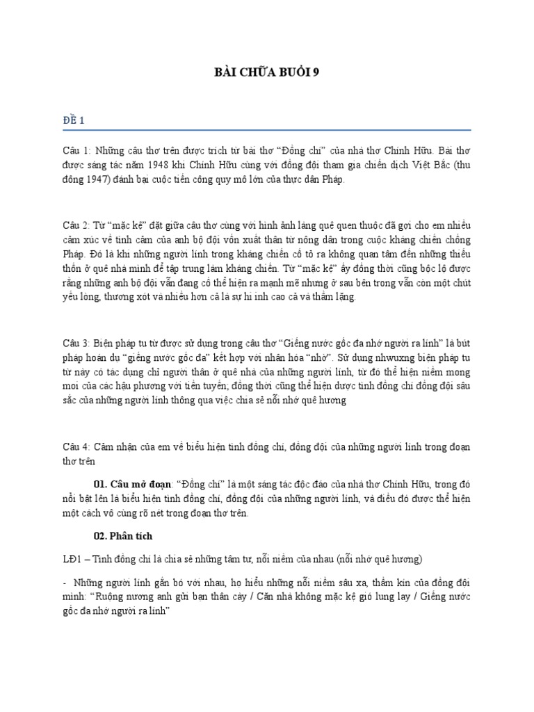 Bài CH A Bu I 9: 01. Câu M Đo N: "Đ NG Chí" Là M T Sáng Tác Đ C Đáo C A Nhà Thơ Chính H U, Trong ...