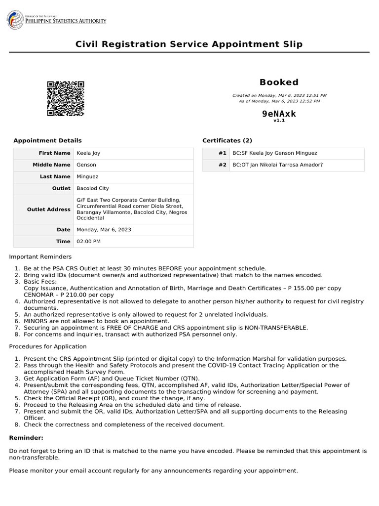 Appointment Details for the Request of Two Civil Registry Certificates ...