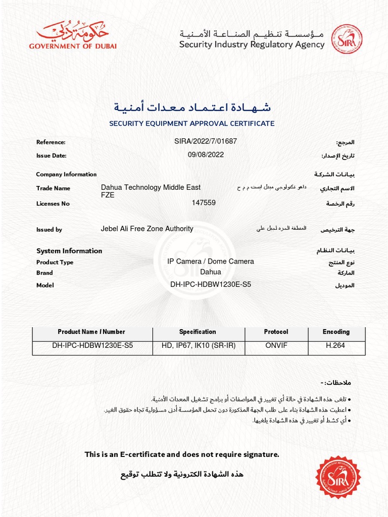 Security Equipment Approval Certificate: SIRA/2022/7/01687 09/08/2022 | PDF
