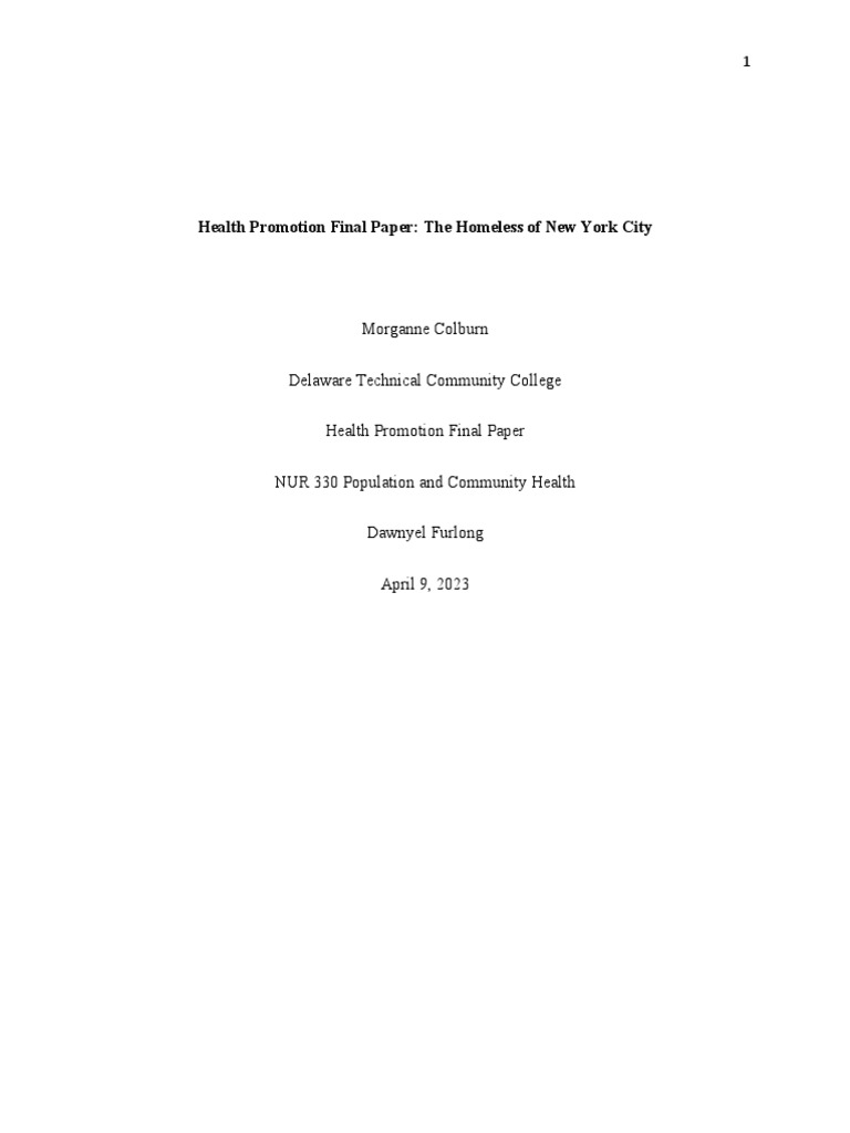 Health Promotion Paper Nur 330 | PDF | Homelessness | Nursing