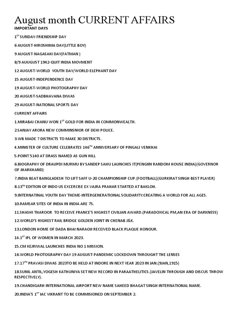August Month CURRENT AFFAIRS | Download Free PDF | Government Of India