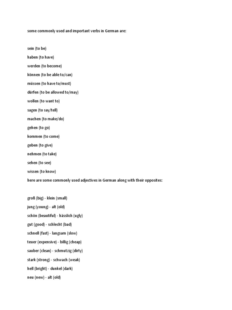 The Most Important Verbs and Adjectives in Germany | PDF