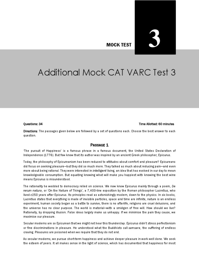 Additional Mock CAT VARC Test 3 | PDF | Hedonism | Epigenetics