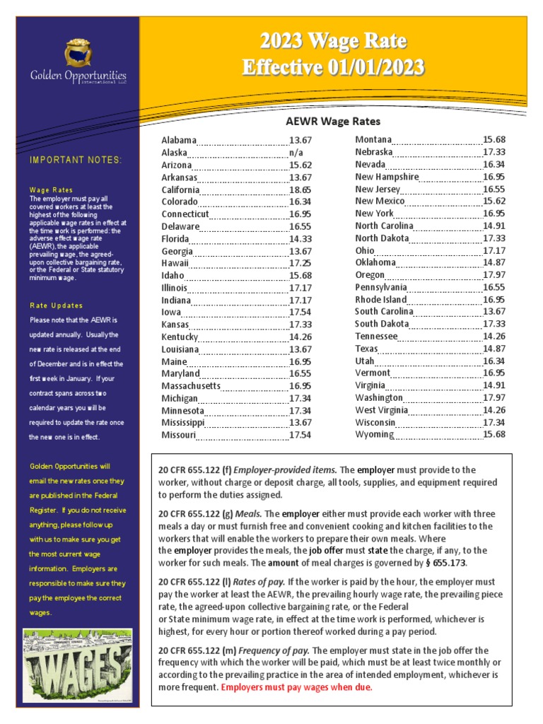 2023 AEWR Wage Quick Reference Guide | PDF | Employment | Wage