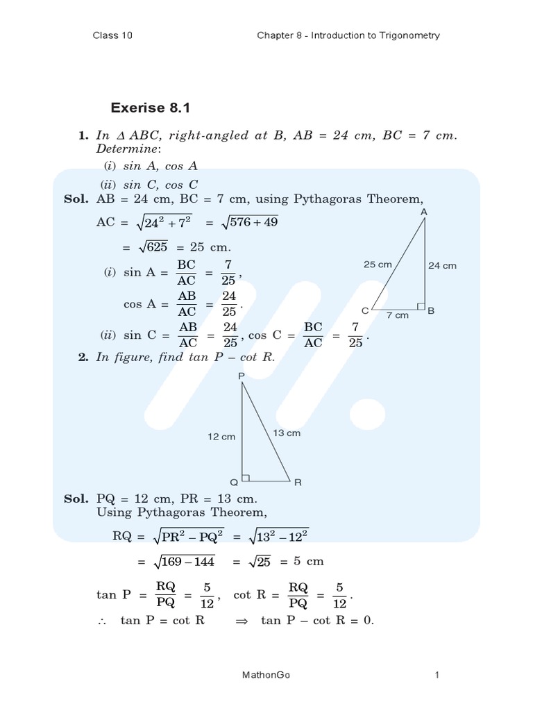 NCERT Solutions Class 10 Maths Chapter 8 Introduction To Trigonometry | PDF | Trigonometric ...