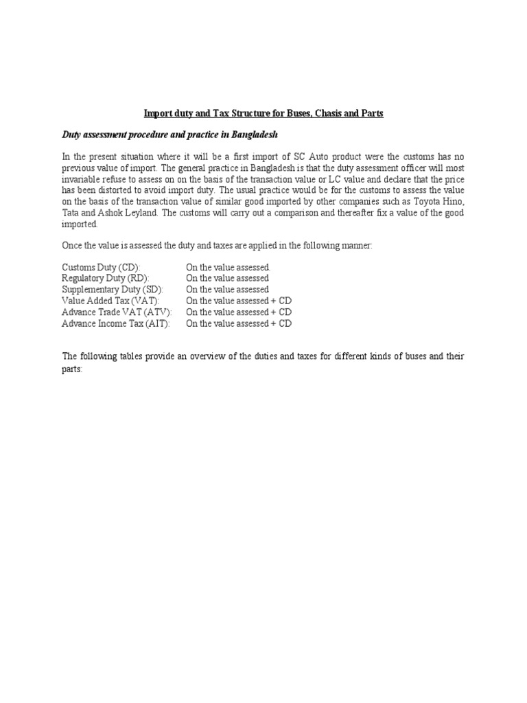 Import Duty and Tax Structure For Buses | PDF | Engines | Diesel Engine