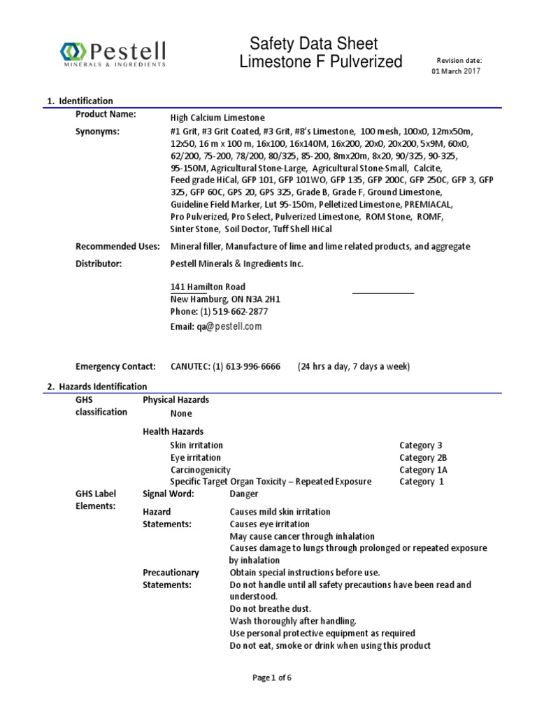 Sds Limestone-F-Pulverized | PDF | Toxicity | Hazardous Waste