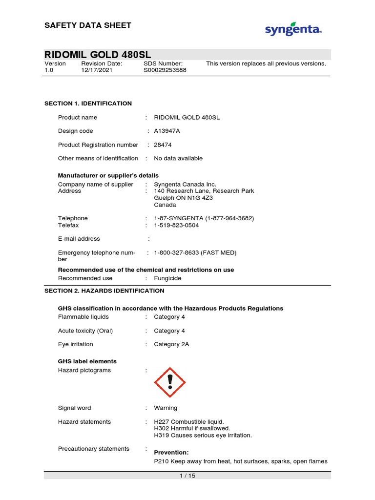 Sds Ridomil - Gold - 480SL - 28474 - en - SDS | PDF | Toxicity | Waste ...