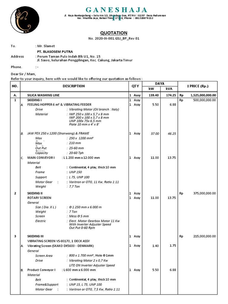 Ganeshaja Quotation for Silica Washing Line | PDF