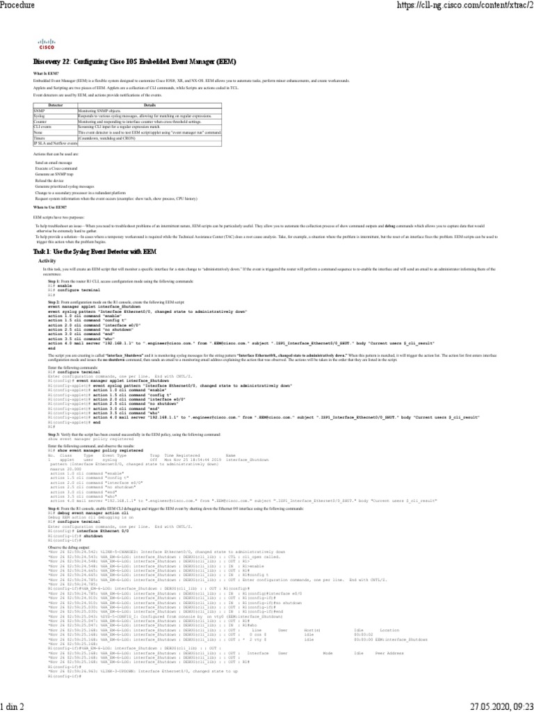Discovery 22: Configuring Cisco IOS Embedded Event Manager (EEM) | PDF | Command Line Interface ...