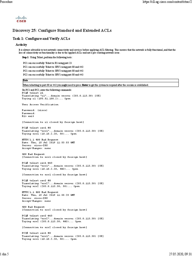 Discovery 25: Configure Standard and Extended Acls | PDF | Port (Computer Networking) | Computer ...