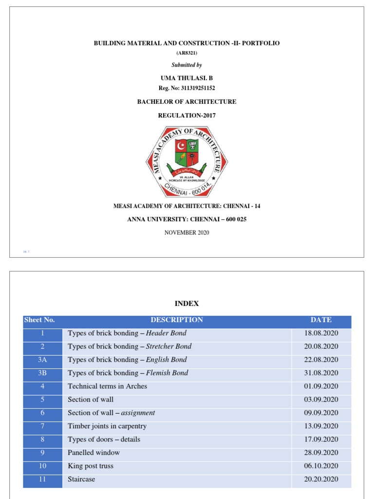 Uma - Thulasi - BMC Ii Portfolio | PDF | Building Engineering | Architectural Elements