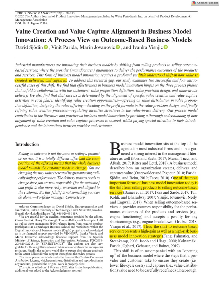 Value Creation and Value Capture Alignment in Business Model Innovation ...