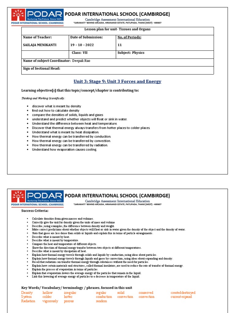 Unit 3 Forces And Energy Unit Lesson Plan Pdf Heat Density