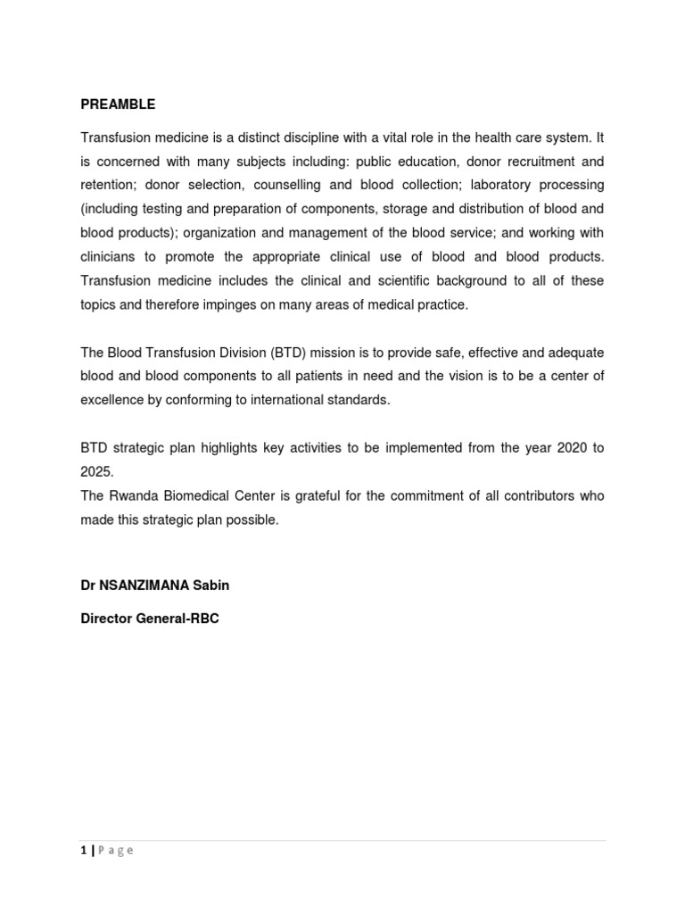 BTD Strategic Plan 2020-2025 | PDF | Blood Transfusion | Blood Donation