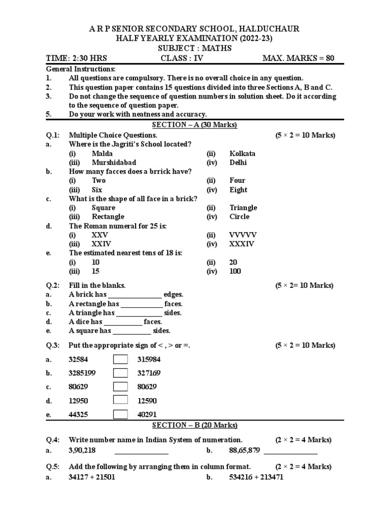 A R P Senior Secondary School, Halduchaur Half Yearly Examination (2022 ...