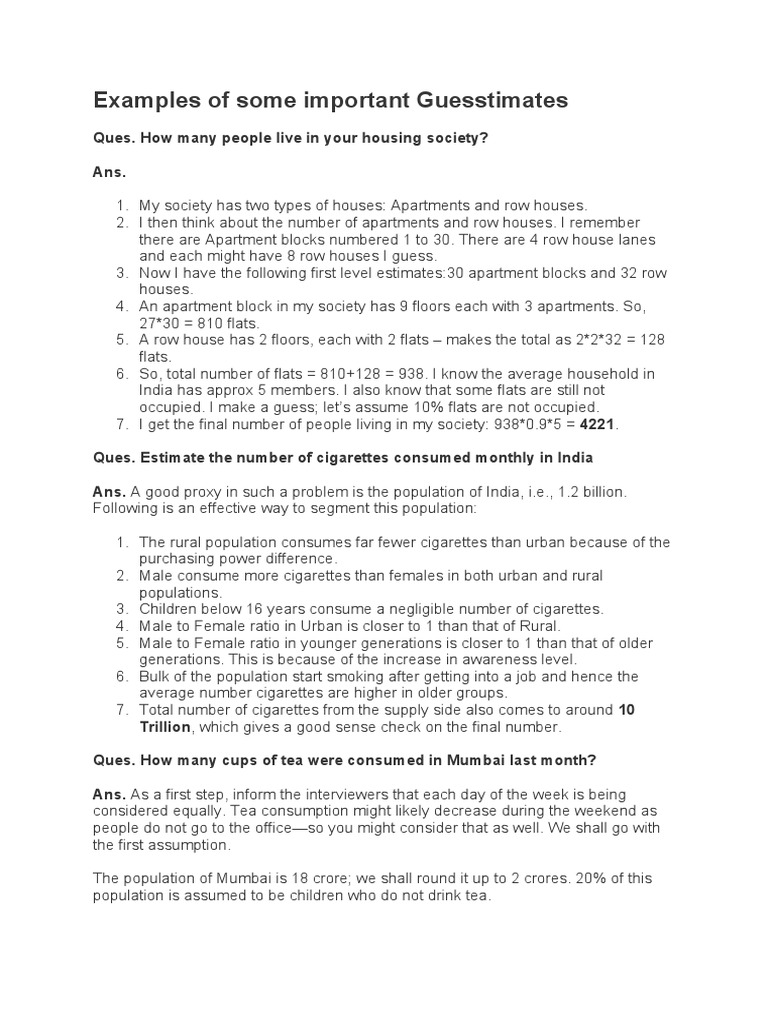 Examples of Some Important Guesstimates | PDF | Apartment | Tea