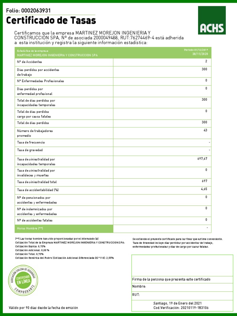 Certificado de Tasas (ACHS) | PDF | Accidente (general) | Bienestar Certificado de Tasas (ACHS) | PDF | Accidente (general) | Bienestar