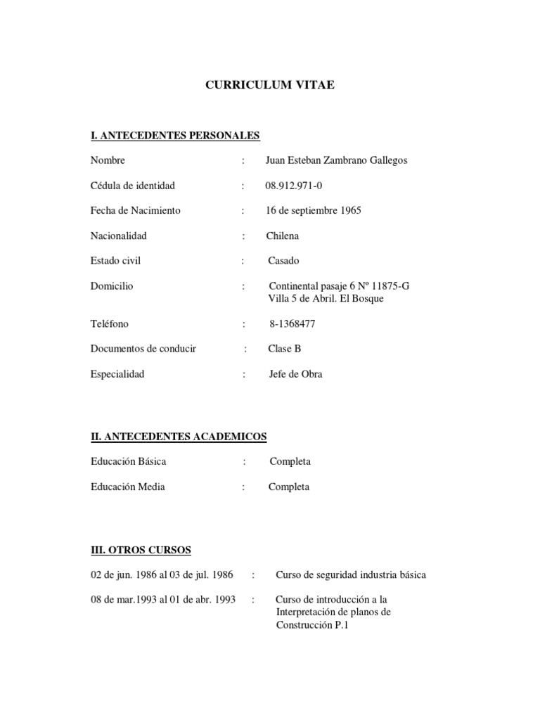 F.5. - CURRICULUM - VITAE, Juan Zambrano J.Obra | PDF