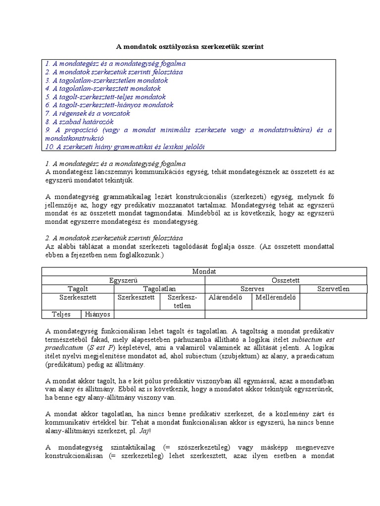 A Mondatok Osztályozása Szerkezetük Szerint: 1. A Mondategész És A ...