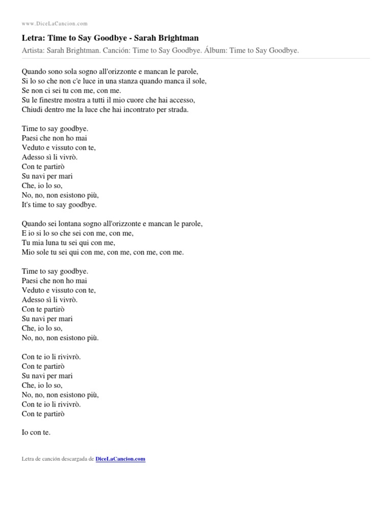 Letra Time To Say Goodbye - Sarah Brightman - DiceLaCancion - Com | PDF
