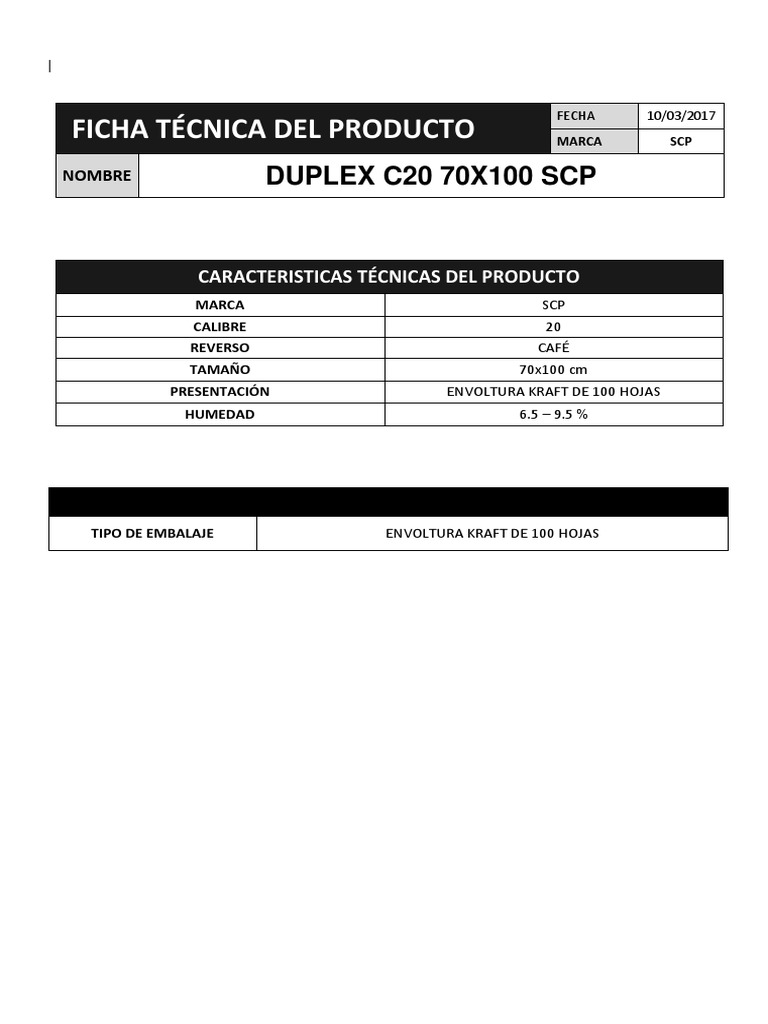Ficha Técnica Del Producto: DUPLEX C20 70X100 SCP | PDF
