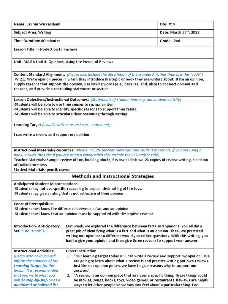 Review Writing Lesson Plan Pdf Pdf Toys Learning