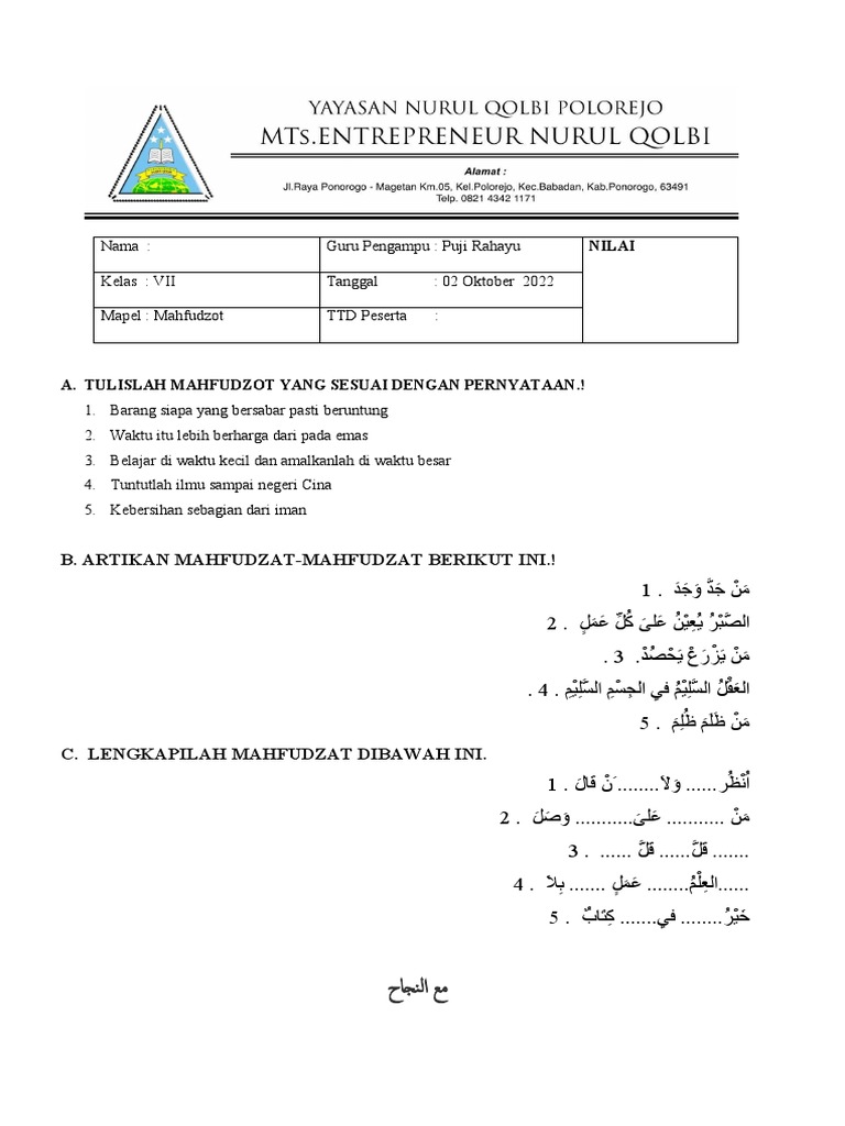 Soal PTS Ganjil Mahfudzot Kelas Vii | PDF