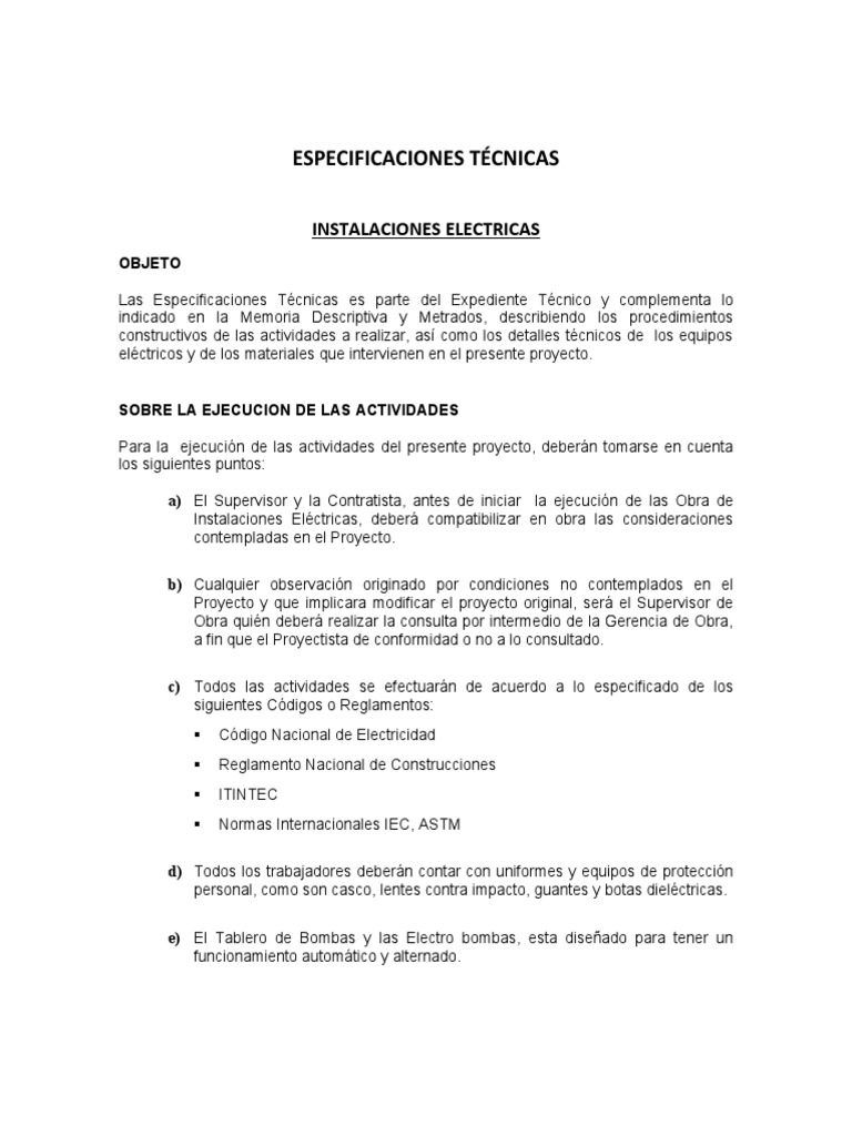 Especificaciones Técnicas: Instalaciones Electricas | Descargar gratis PDF | Conductor electrico ...