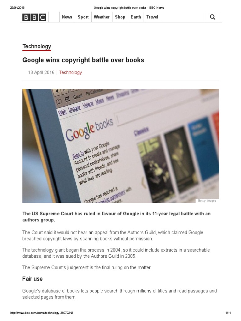 TEXTO 3 - Google Wins Copyright Battle Over Books - BBC News | PDF ...