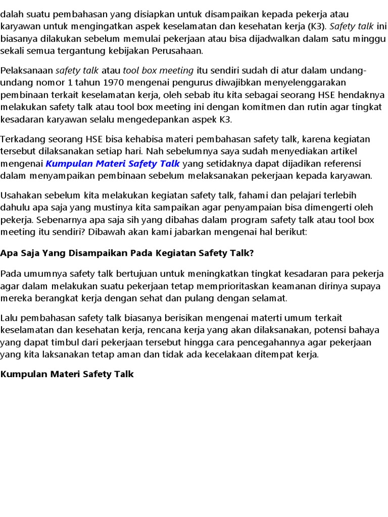 Kumpulan Materi Safety Talk: Apa Saja Yang Disampaikan Pada Kegiatan ...