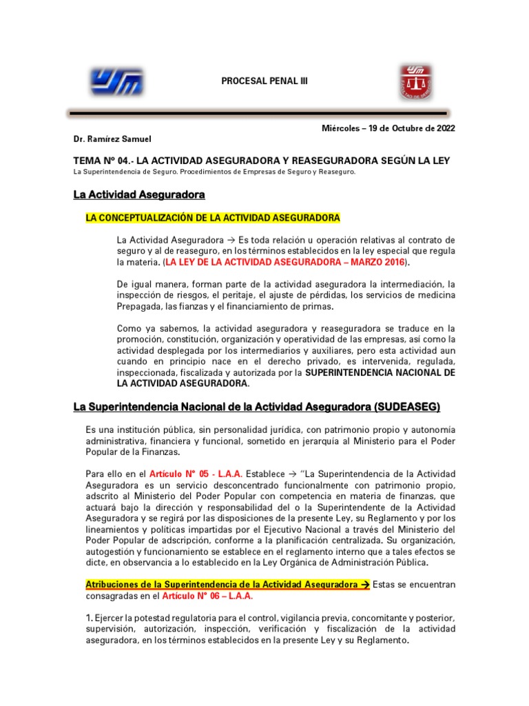 Mercantil Ii - Tema #04 - La Actividad Aseguradora y Reaseguradora Según La Ley | PDF | Seguro ...