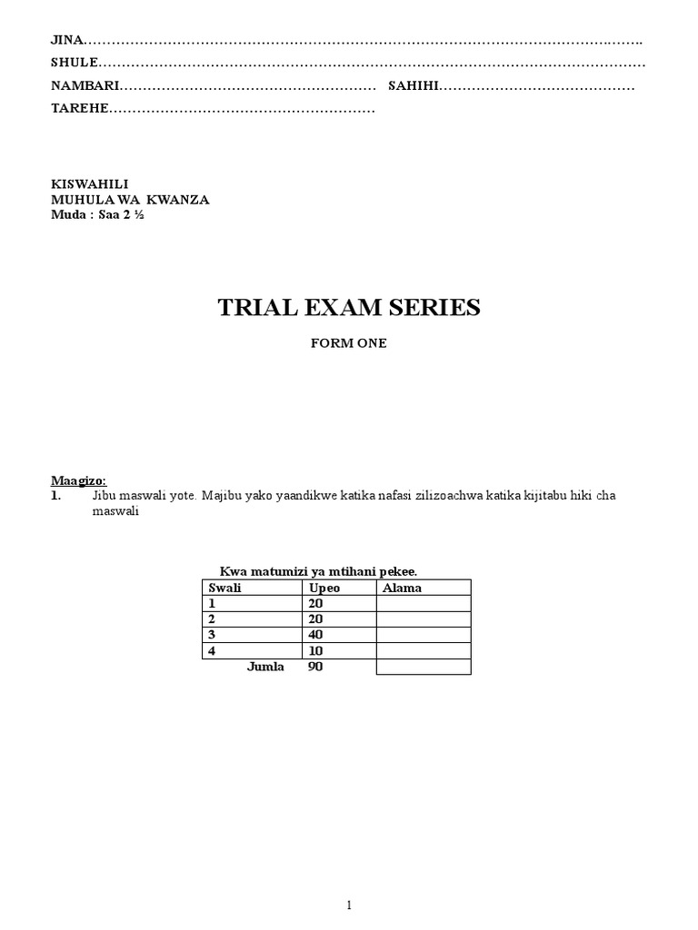 Kiswahili Form 1 End Term 1 Exam 2021 Teacher Co Ke PDF