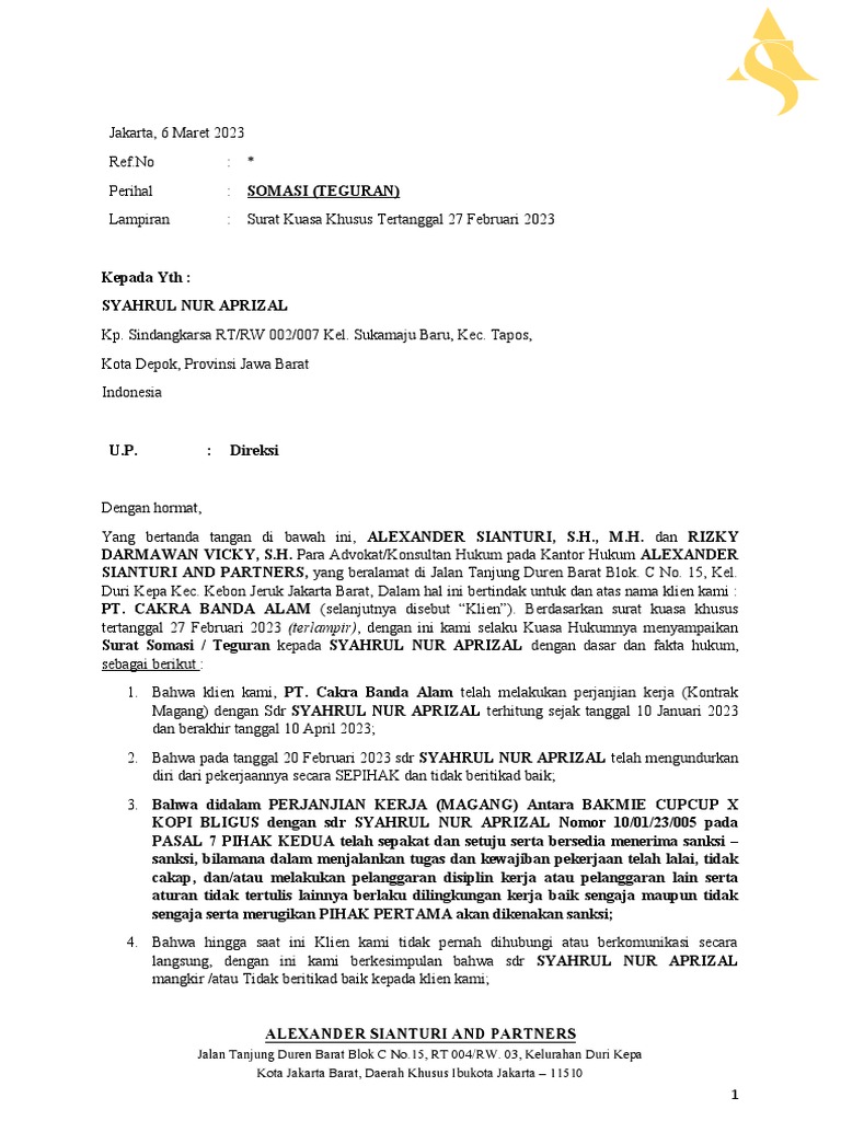 Contoh Surat Somasi Indikasi Pidana Pasal 374 Kuhp | PDF