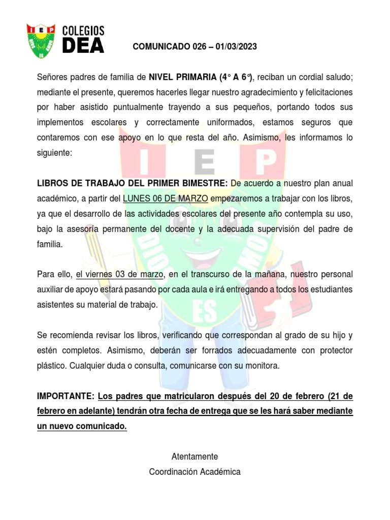 Comunicado 026 - Recojo de Material Escolar Primaria 2 | PDF