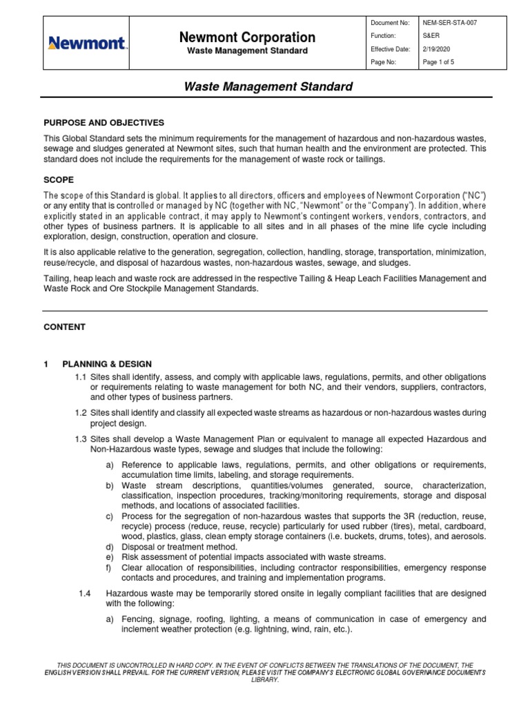 Newmont Waste Management Standard Guide | PDF | Waste | Waste Management