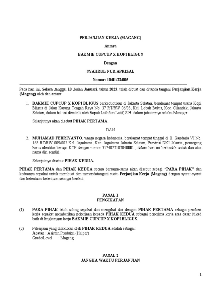 CONTOH PERJANJIAN KERJA | PDF