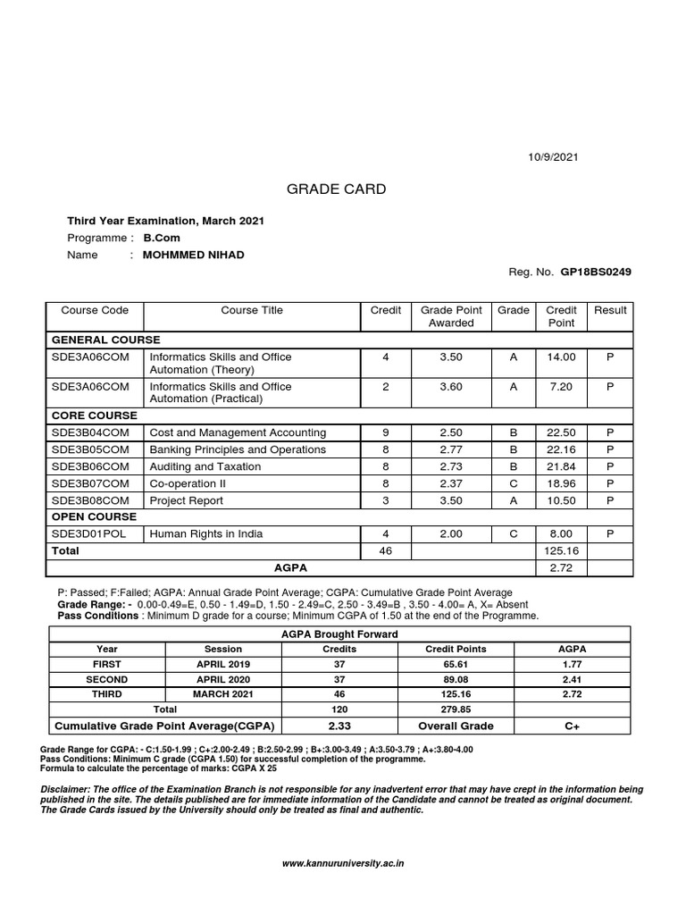 Grade Card: General Course | PDF | Business