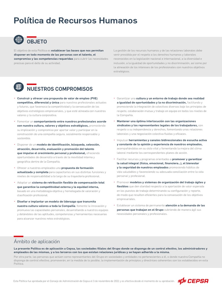 Política de Recursos Humanos: Objetivos, Compromisos y Ámbito de Aplicación | PDF | Gestión de ...