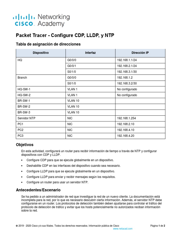 10.8.1 Packet Tracer - Configure CDP LLDP and NTP Instructions - Es XL | PDF | Enrutador ...