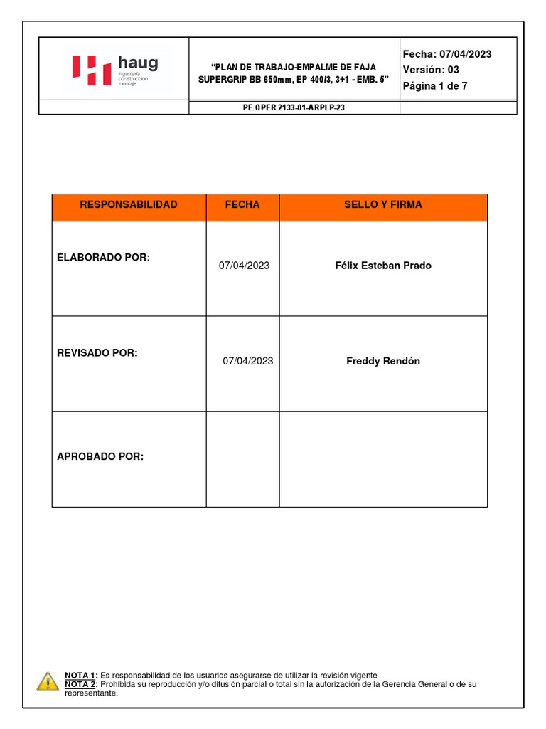 Plan de trabajo para empalme de faja Supergrip BB 650mm en Embarcadero ...