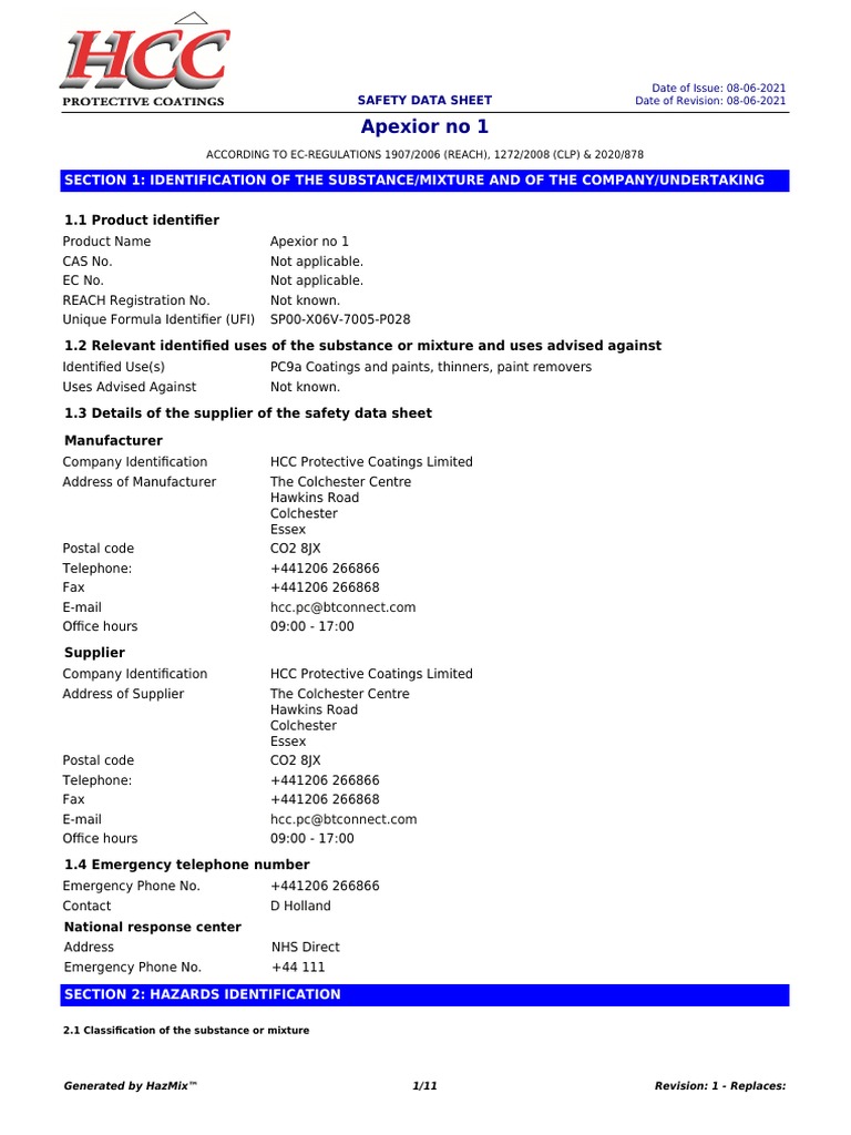 Apexior 1 Hoja Seguridad | PDF | Toxicity | Personal Protective Equipment