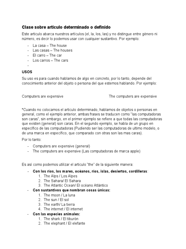 Clase Sobre Articulo Determinado o Definido | PDF | Cocina | Comida y bebida