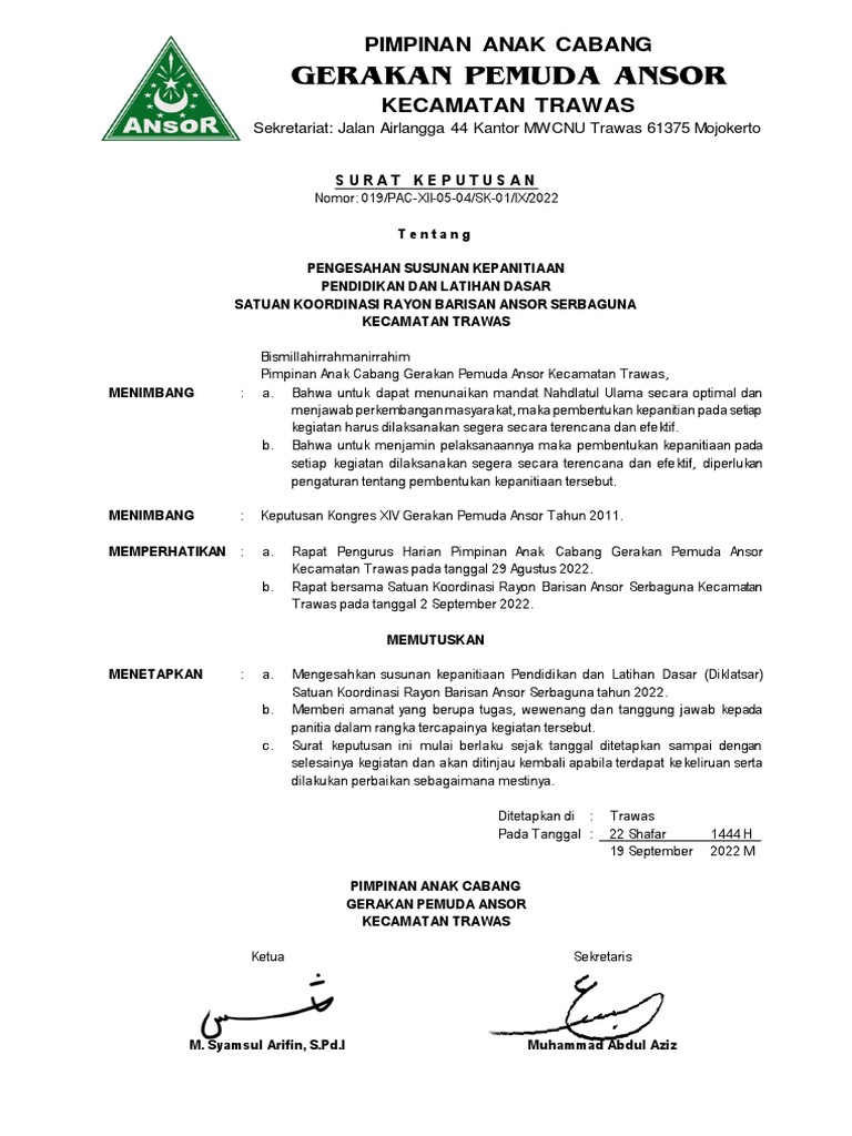 Surat Keputusan Panitia Diklatsar 2022 | PDF