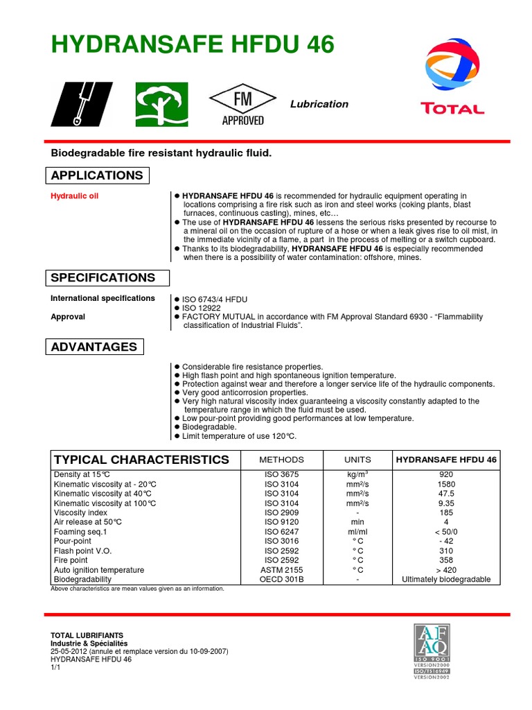 Total Hydransafe HFDU 46 | PDF | Viscosity | Industrial Processes