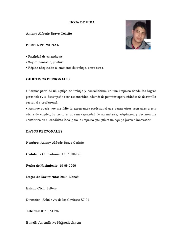Hoja de Vida Anthony Bravo | PDF