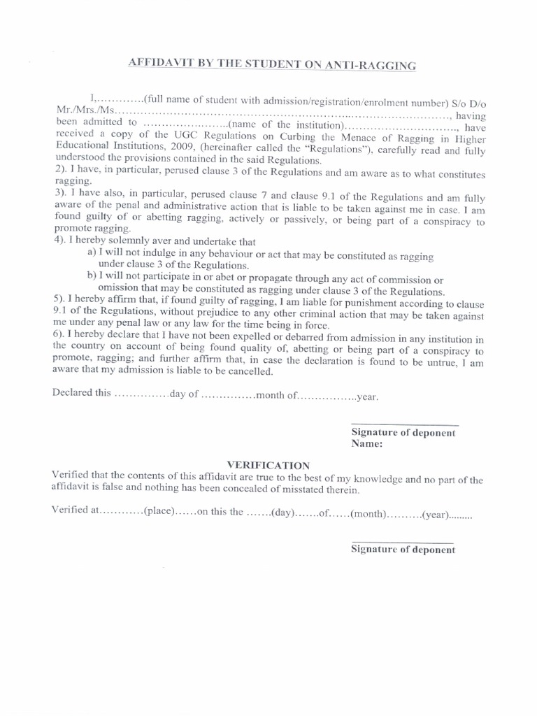 Anti Ragging Affidavit | PDF