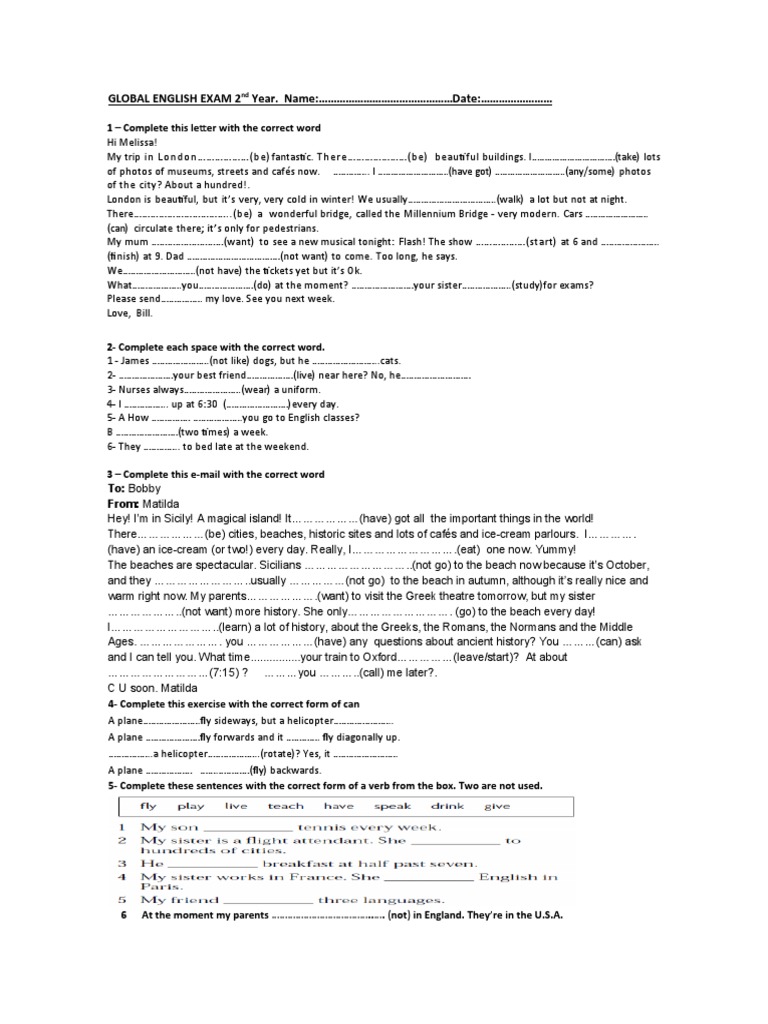 GLOBAL ENGLISH EXAM 2nd Year | PDF